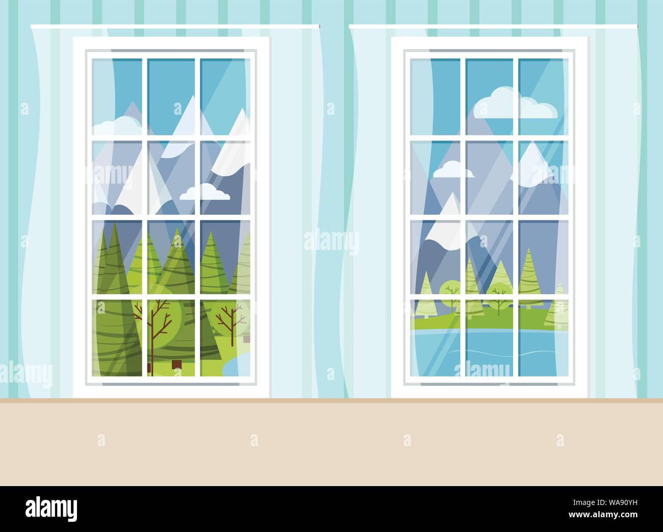 Cozy home interior scene with two closed white plastic pvc panoramic ...