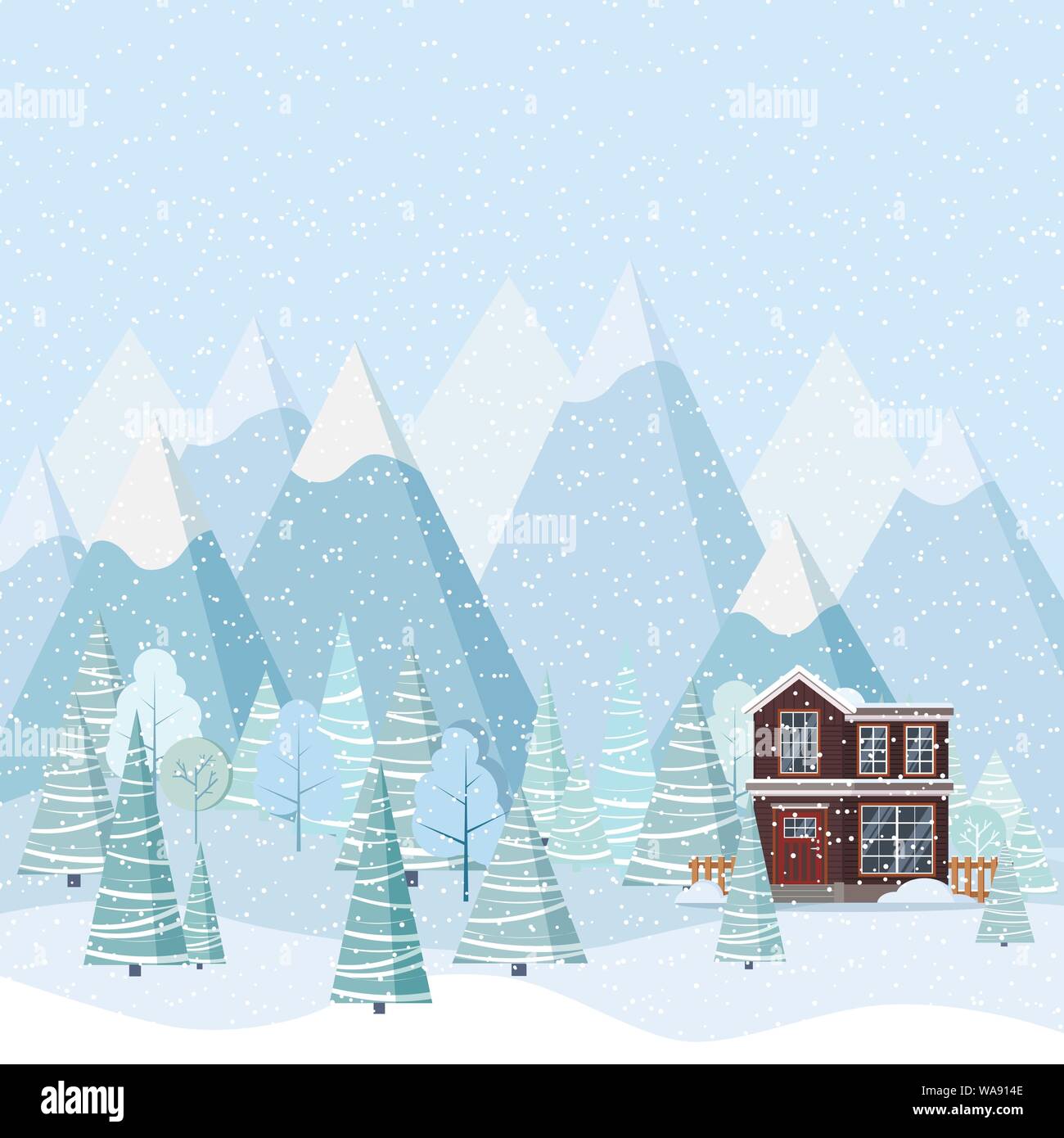 Winter landscape with country house, winter trees, spruces, mountains ...