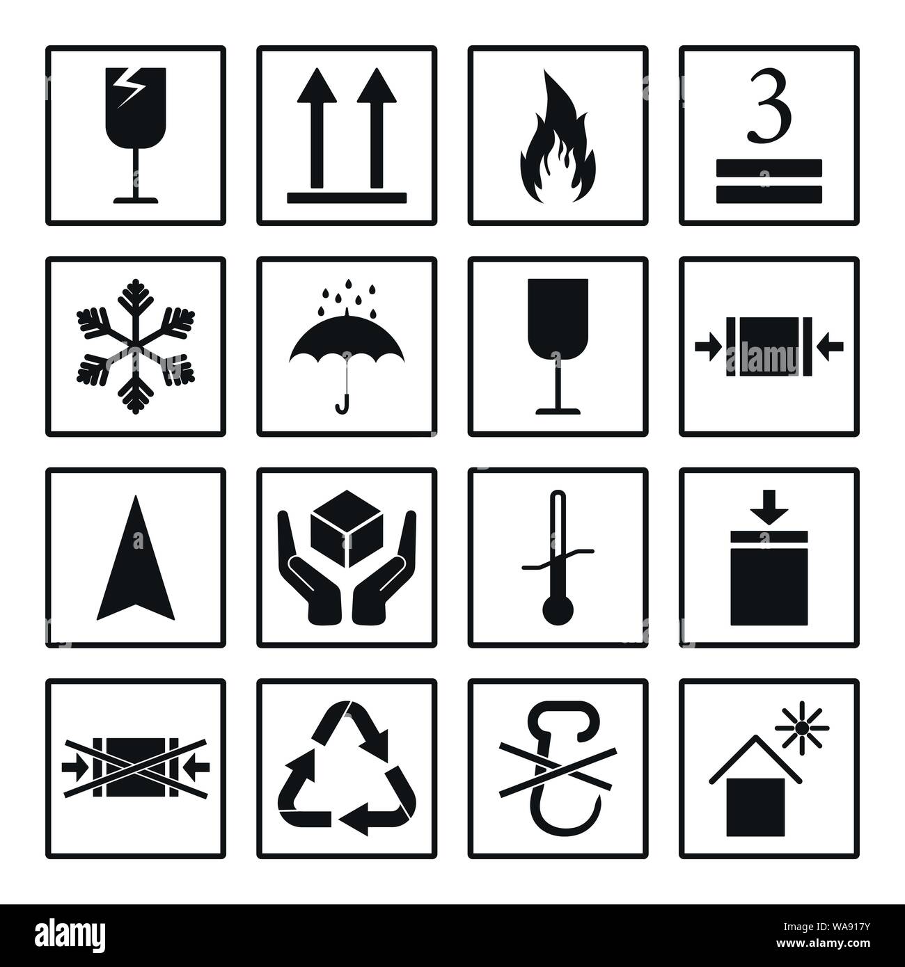 Set of black packaging signs with frame including fragile, to protect ...