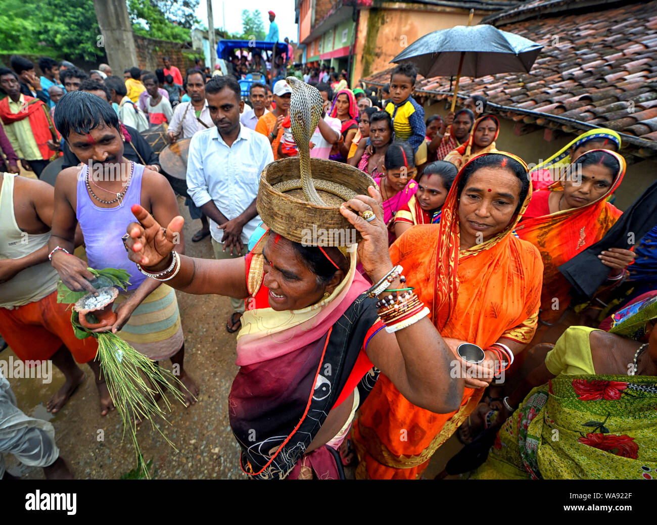 A Village woman seen carrying a venomous Snake on her head as a part of ...