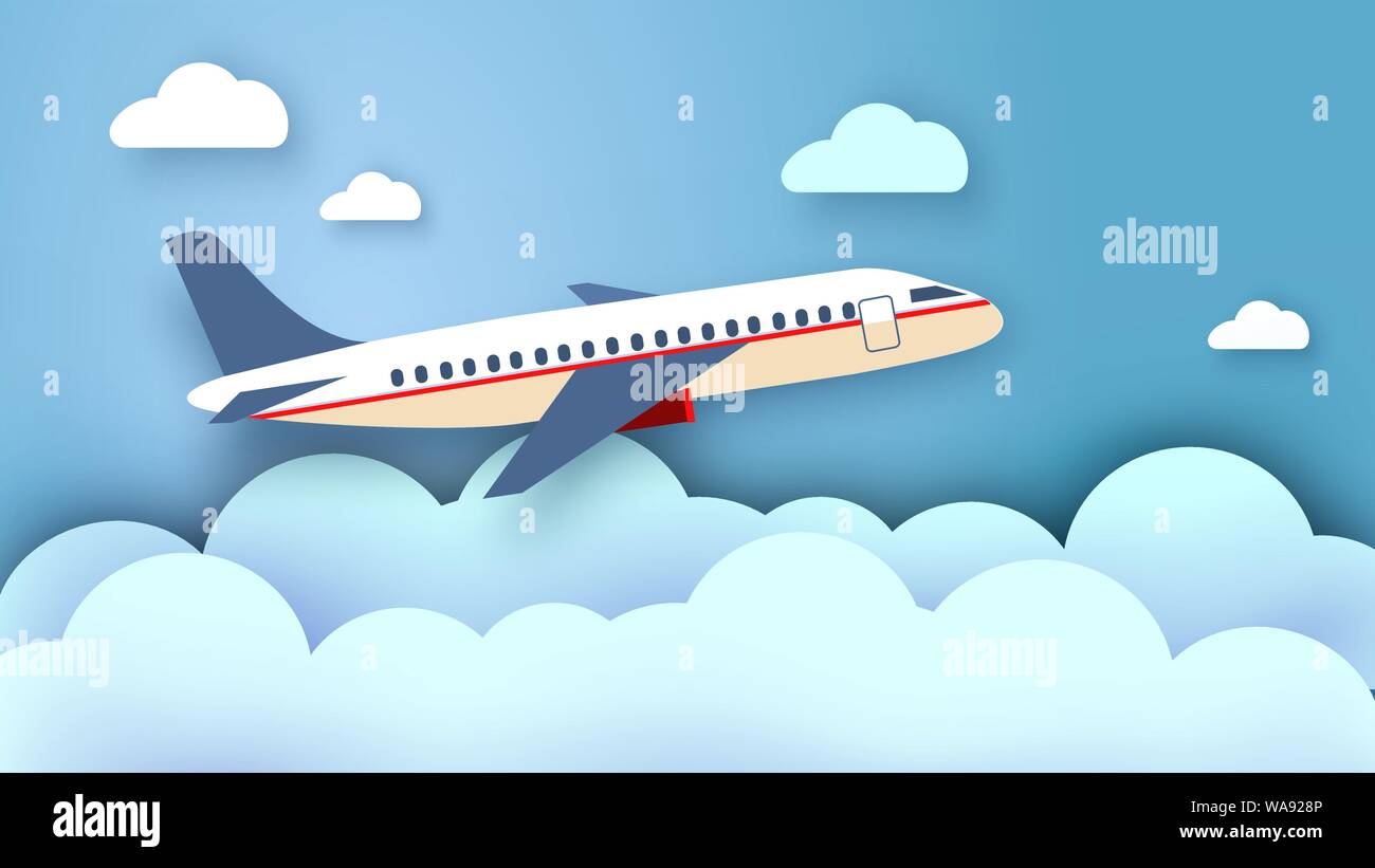 Paper art the airplane in clouds in realistic trendy style. Paper cut ...