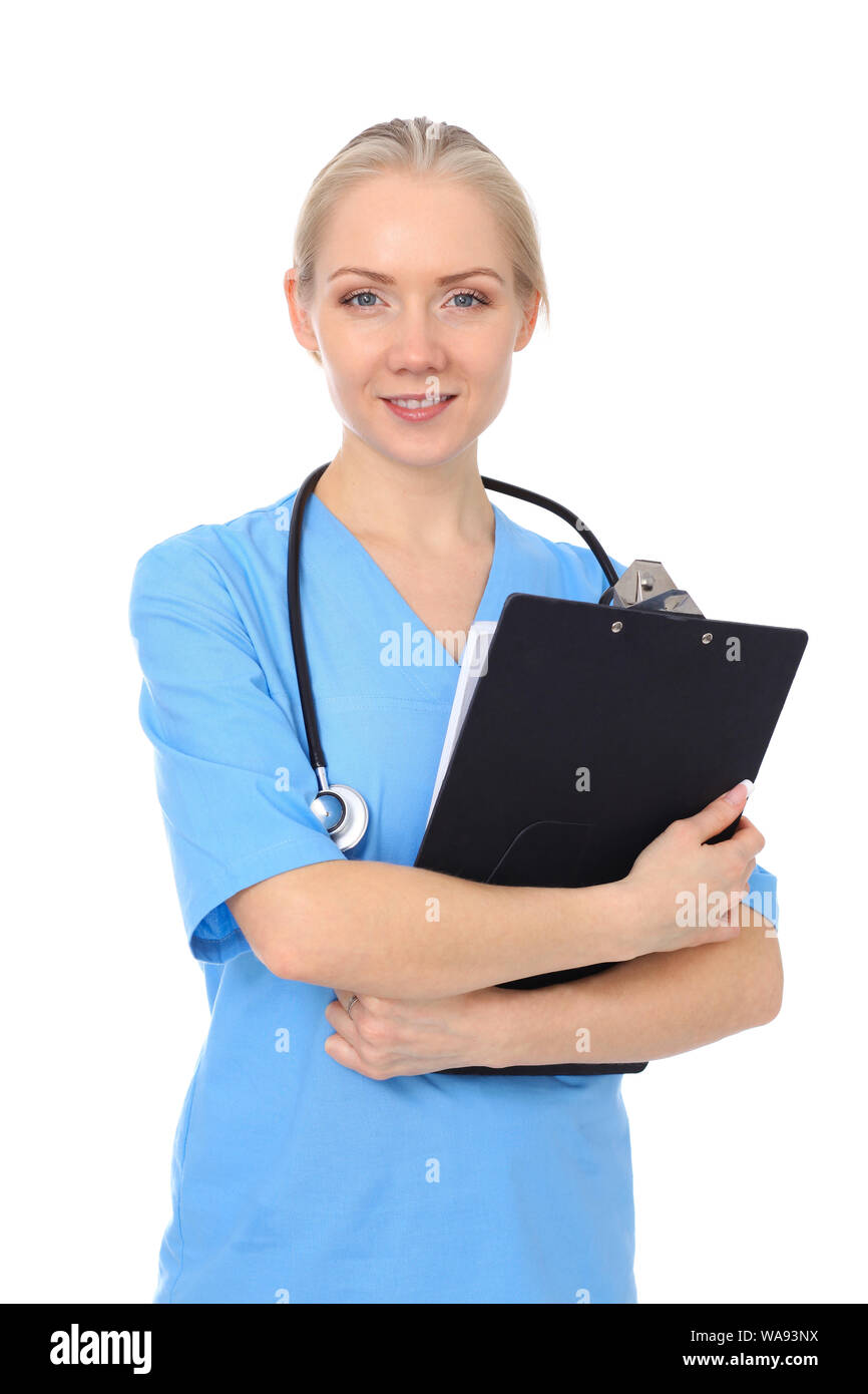 Doctor woman or nurse isolated over white background. Cheerful smiling ...