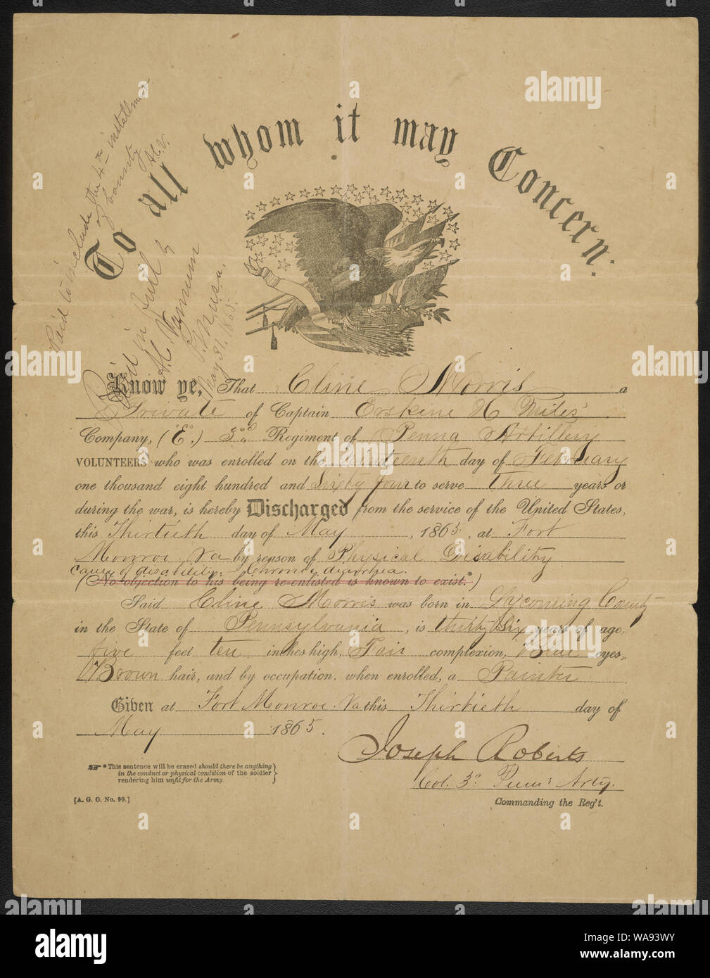 Certificate to discharge Private Cline Morris from Co. E, 3rd Pennsylvania Heavy Artillery ...