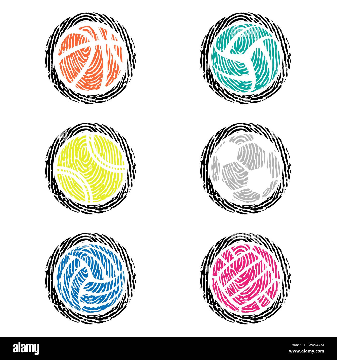 Black fingerprint with color ball symbols isolated on white background ...