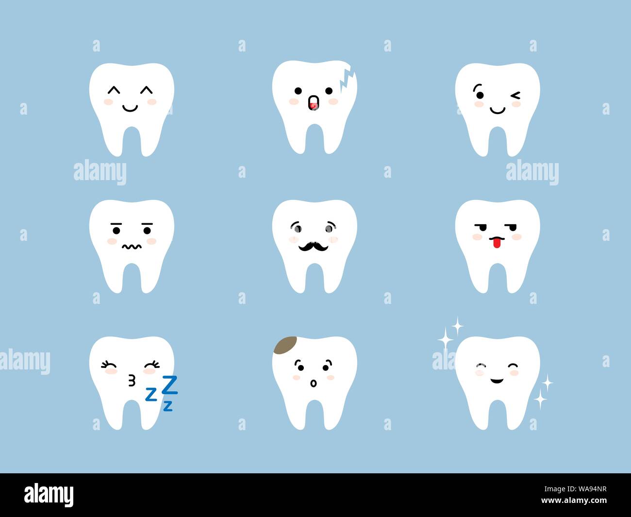 Teeth emoji icon set. Cracked, broken, healthy white cute cartoon ...