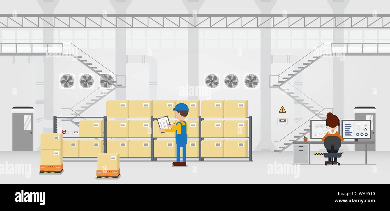 Warehouse in process with workers working flat design vector ...