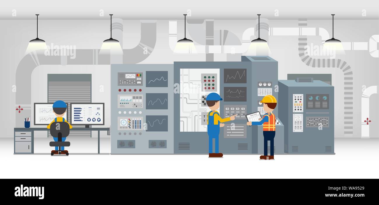 Factory in process with workers working flat design vector illustration ...