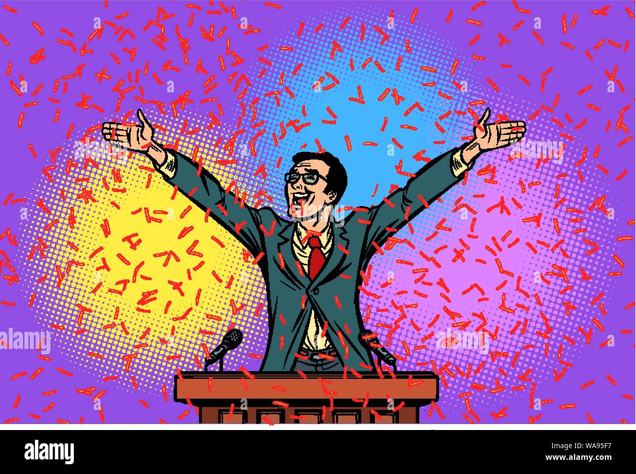 Politician candidate speaker triumph victory. Comic cartoon pop art ...