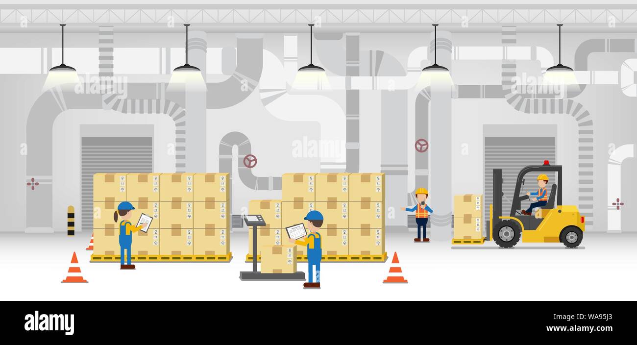 Warehouse in process with workers working flat design vector ...