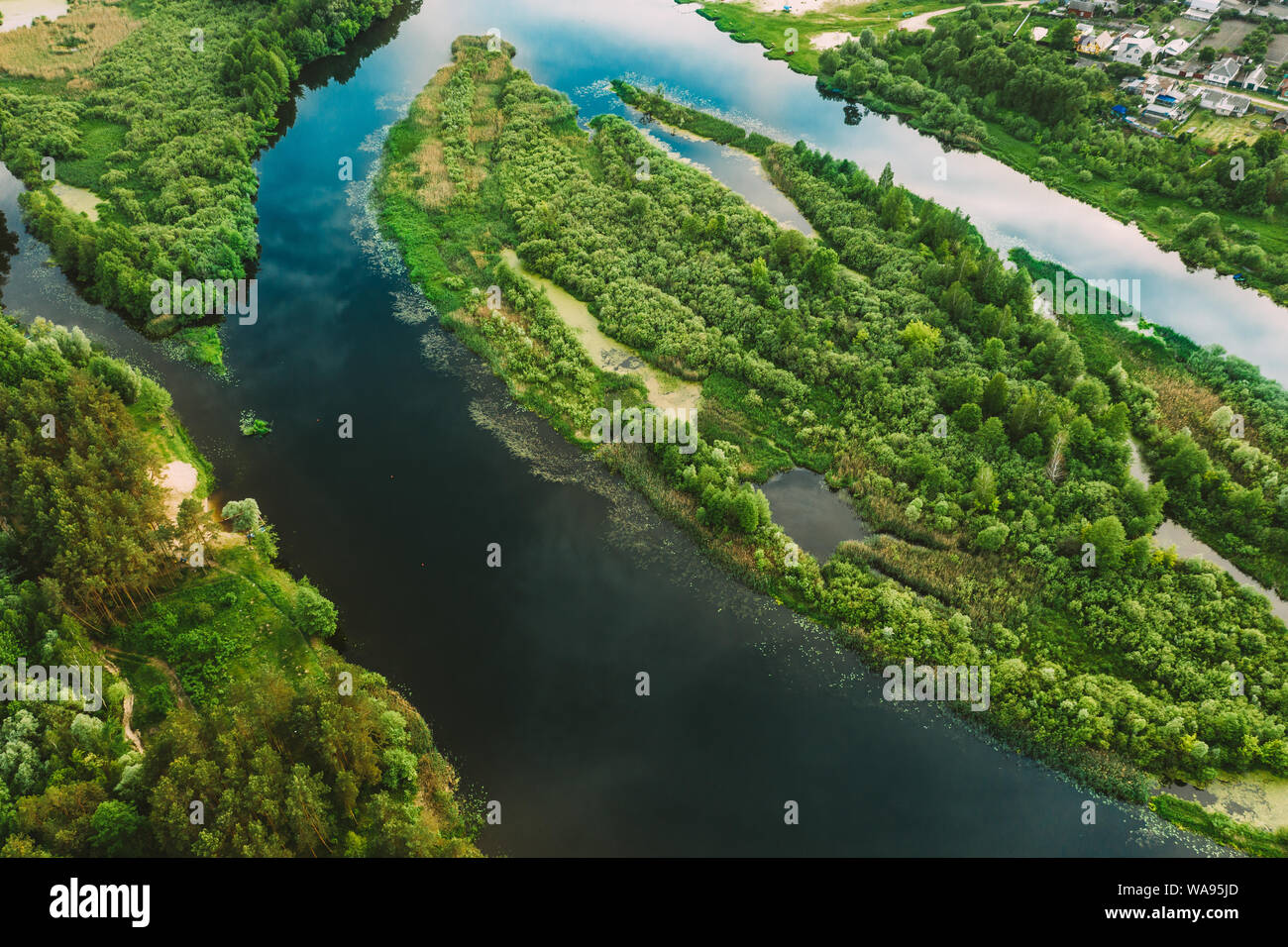 Belarus. Aerial View Of Green Forest, Small Islands And River Landscape ...