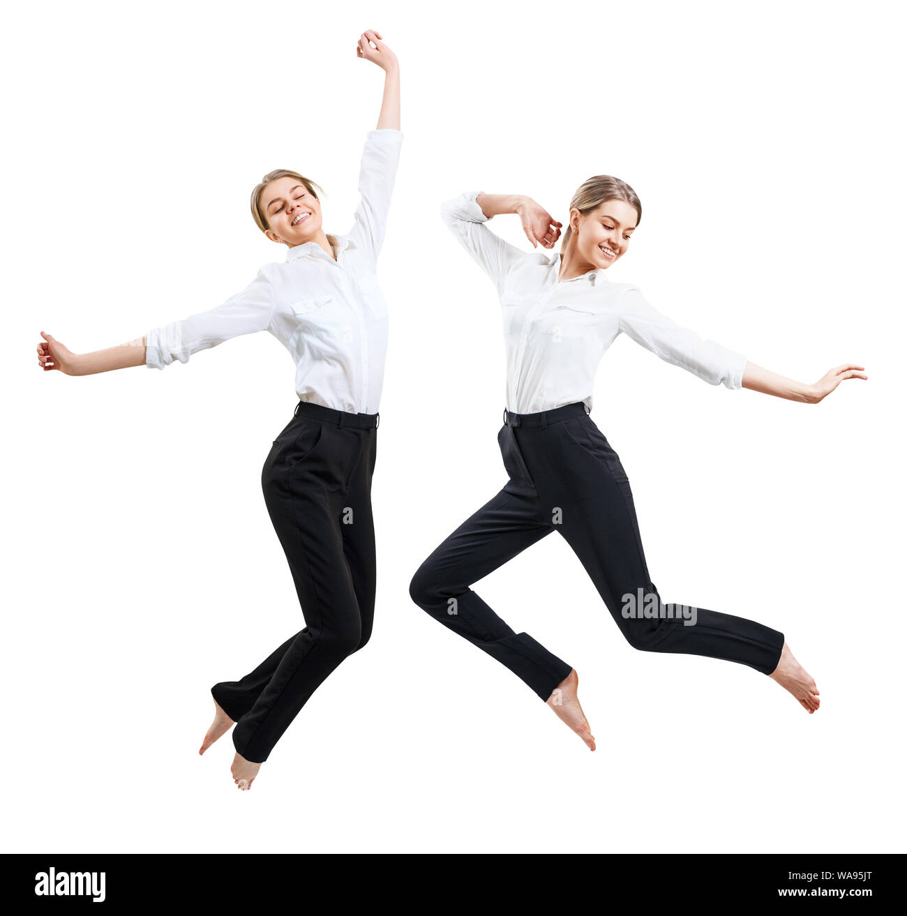 Collage of young business woman in formal wear jumping. Isolated on ...
