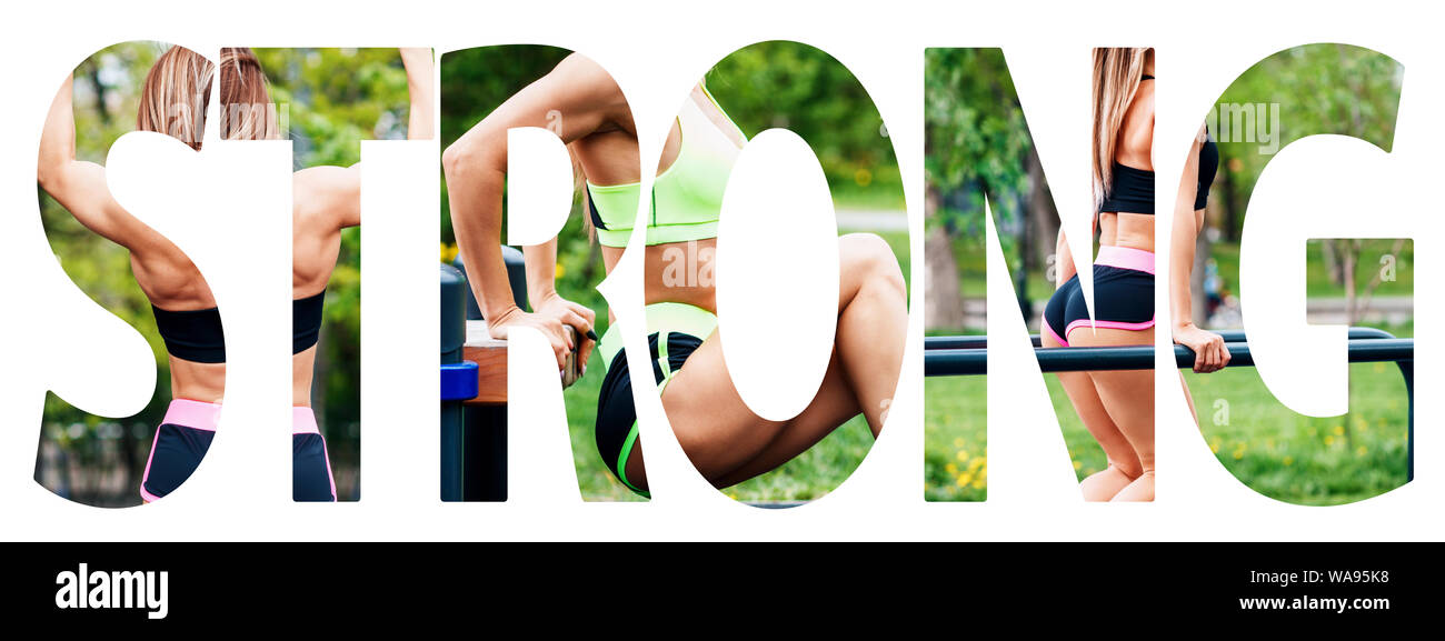 Creative collage of muscular athletic woman with the big word STRONG ...