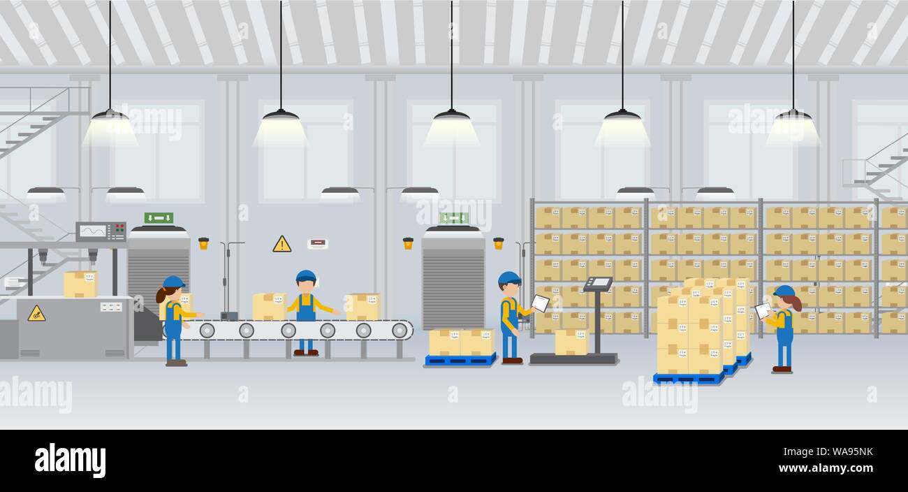 Factory production line with worker work with machine and conveyor belt ...