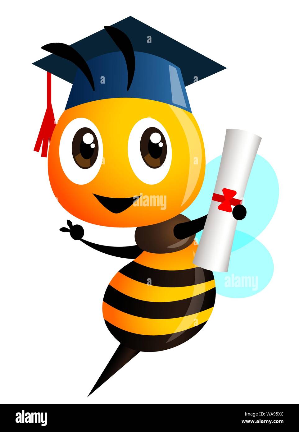 Cartoon cute happy bee mascot wears graduation cap and holding a ...