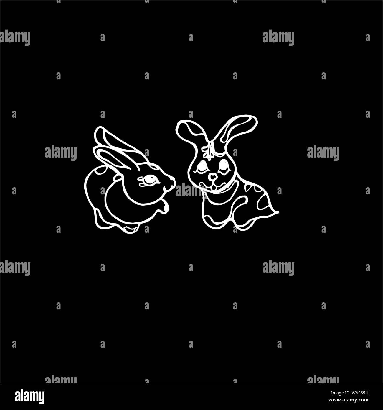 Black-white illustration of two rabbits in love. Chinese rabbits ...