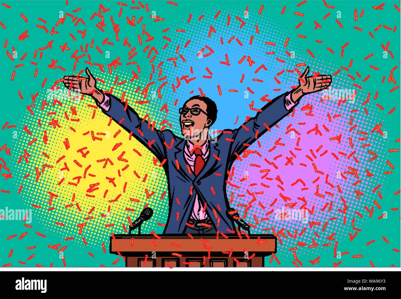 Politician candidate african speaker triumph victory. Comic cartoon pop ...