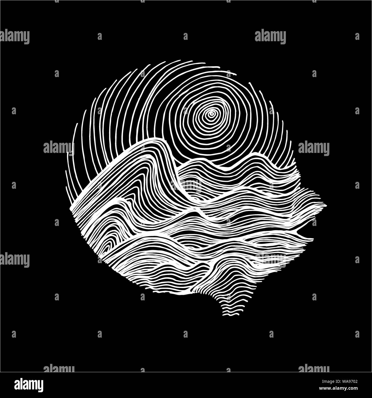Black white illustration of sea waves and sky in hatching style. Tattoo ...
