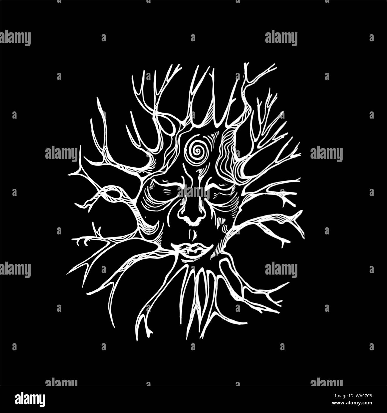 Black and white illustration of the spirit of the forest. Face with ...