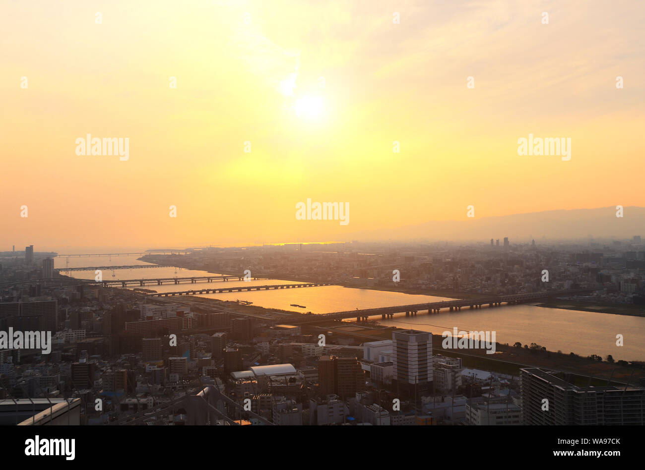 Aerial view on Osaka and bridges on Yodo River (Yodo-gawa, Seta River ...