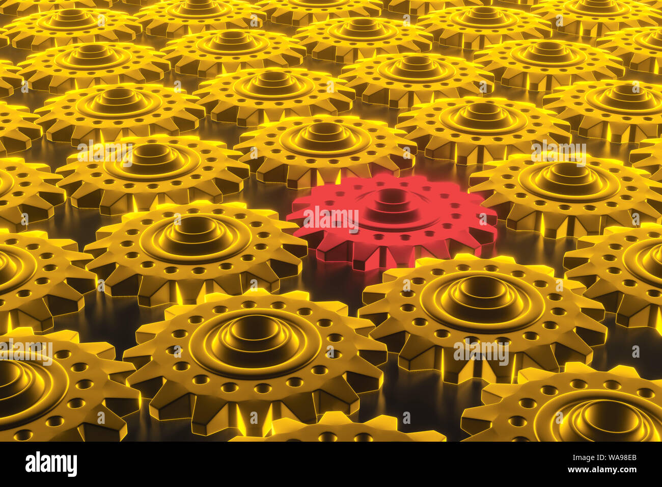 Red gear different from the others gold gear. Concept of unique ...