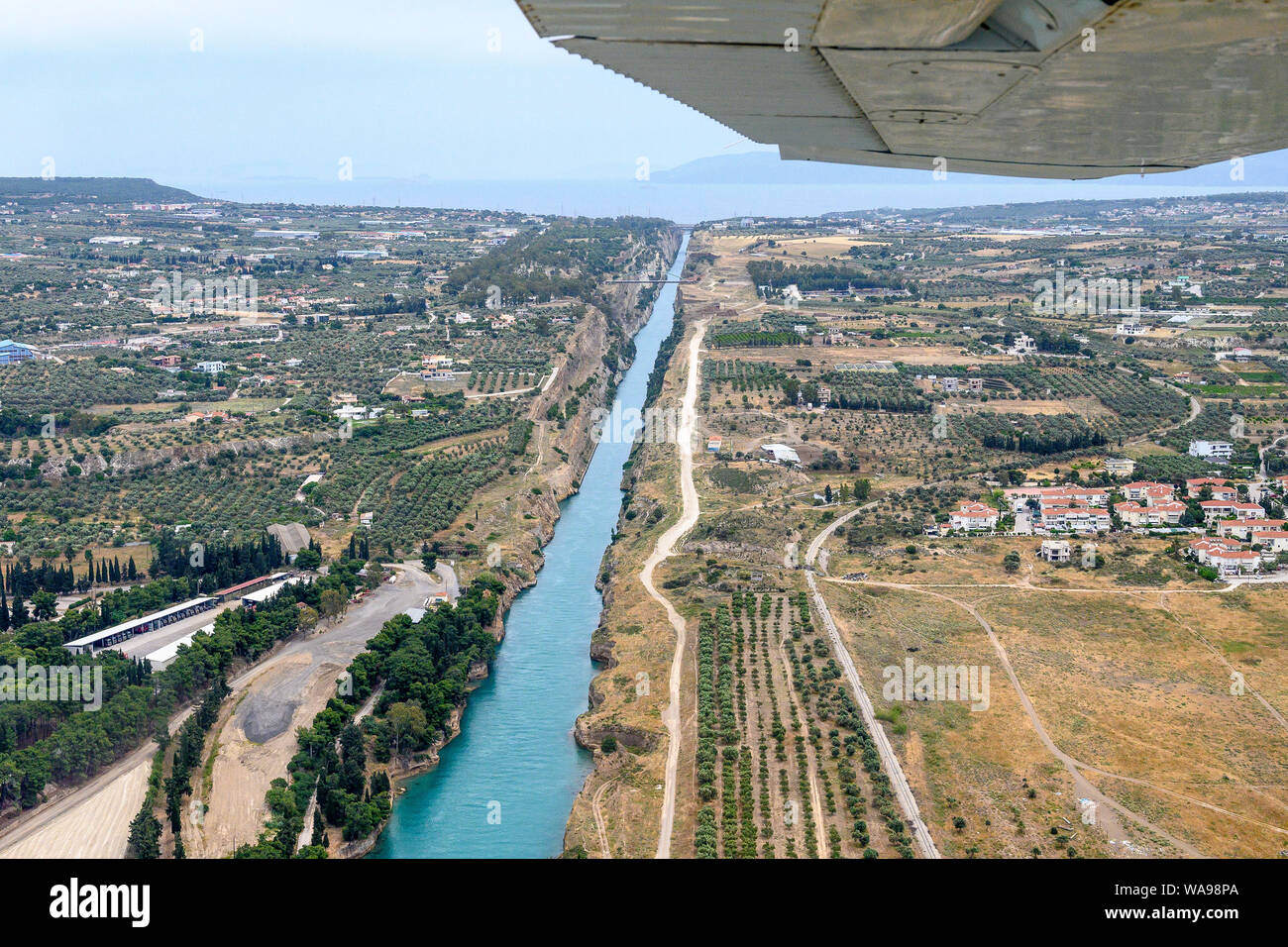 Aerial view from a light plane of the Corinth Canal, which links the ...