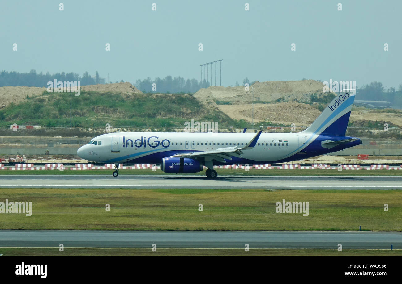 Singapore - Mar 28, 2019. VT-IAQ IndiGo Airbus A320 taxiing on runway ...