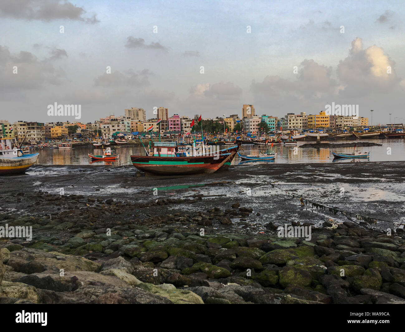 18 Aug 2019 Versova fisherman village skyline from Madh Island Ferry ...