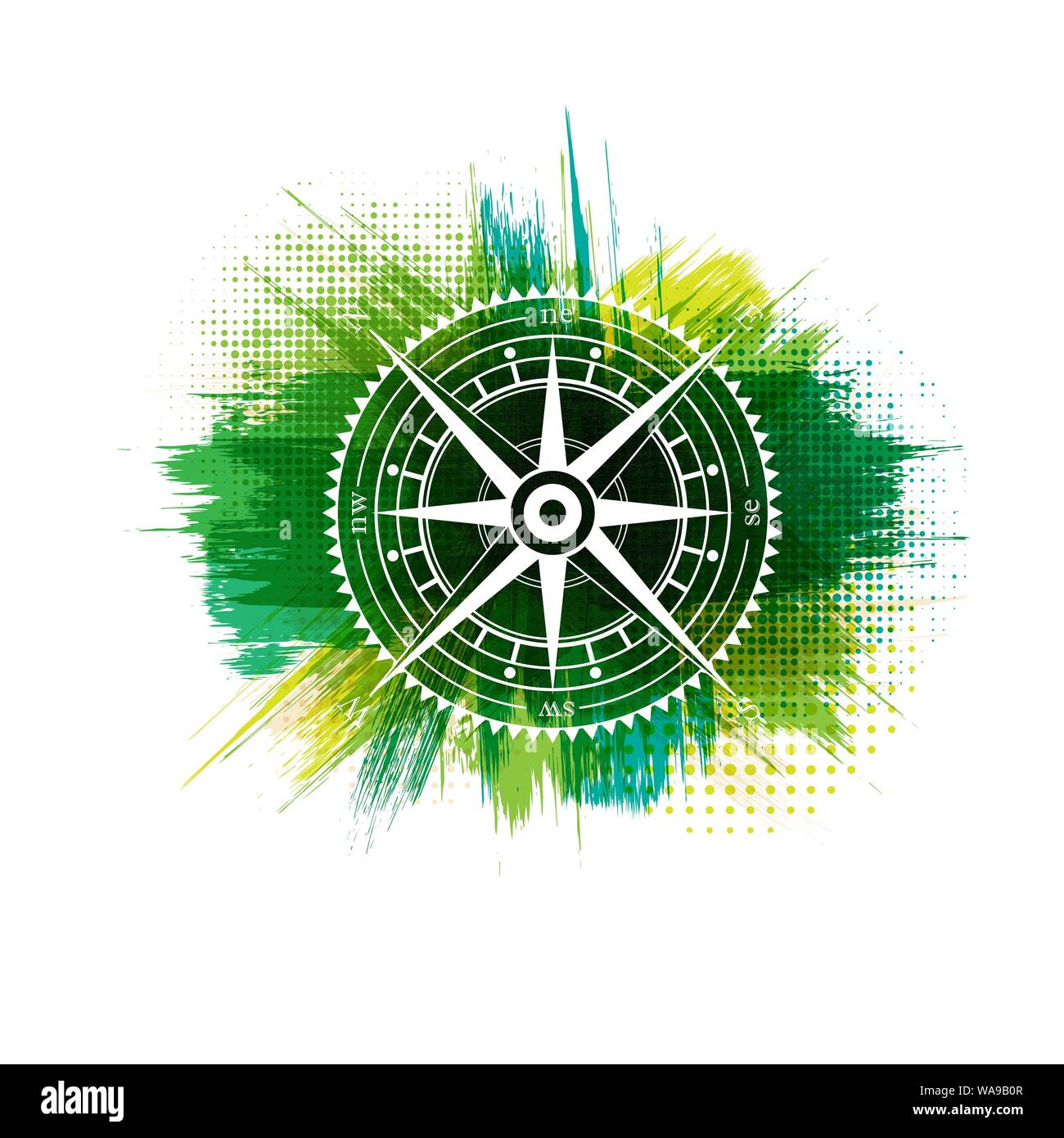 Abstract green color circle grunge frame witth white windrose ...