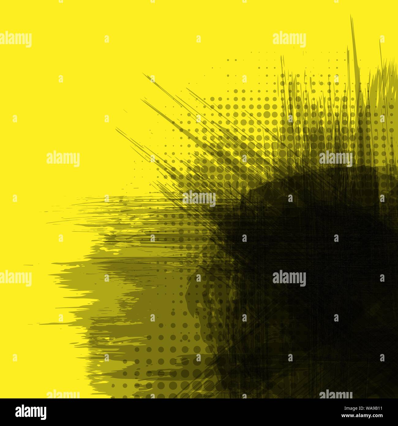 Yellow background with transparent grunge brush elements and halftones ...
