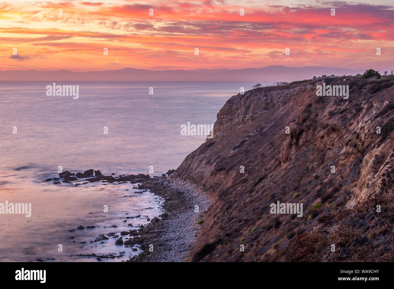 Colorful coastal view of rugged cliffs of Vicente Bluffs Reserve after ...