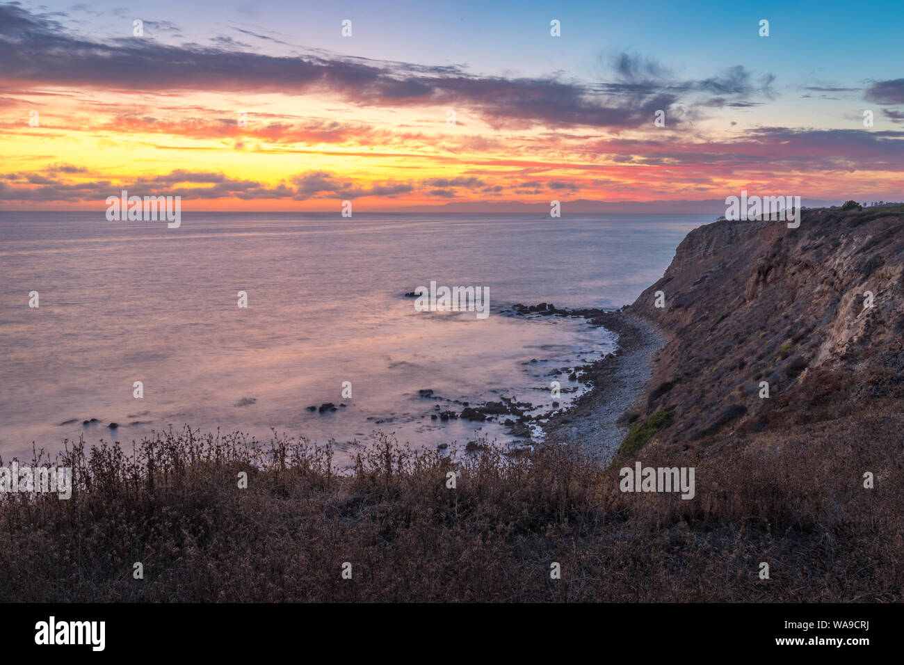 Colorful coastal view of rugged cliffs of Vicente Bluffs Reserve after ...