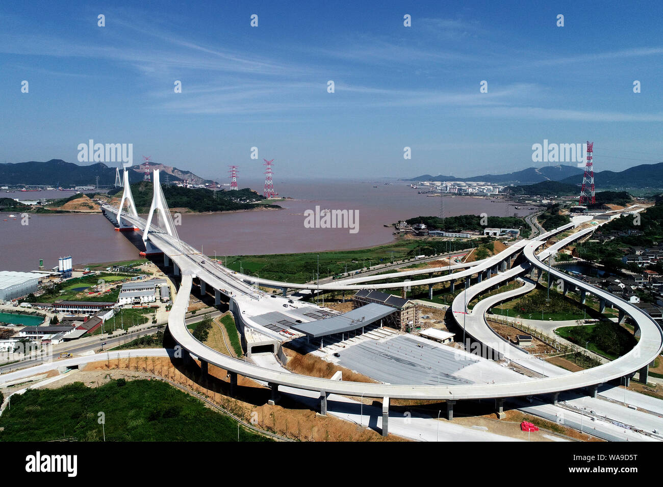 Aerial view of Fuchimen Bridge, which finishes its main tower coating ...