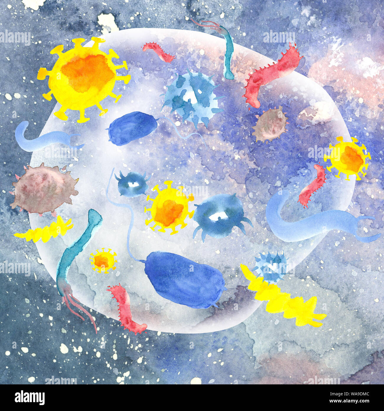 abstract watercolor illustration of bacteria propagation inside small ...