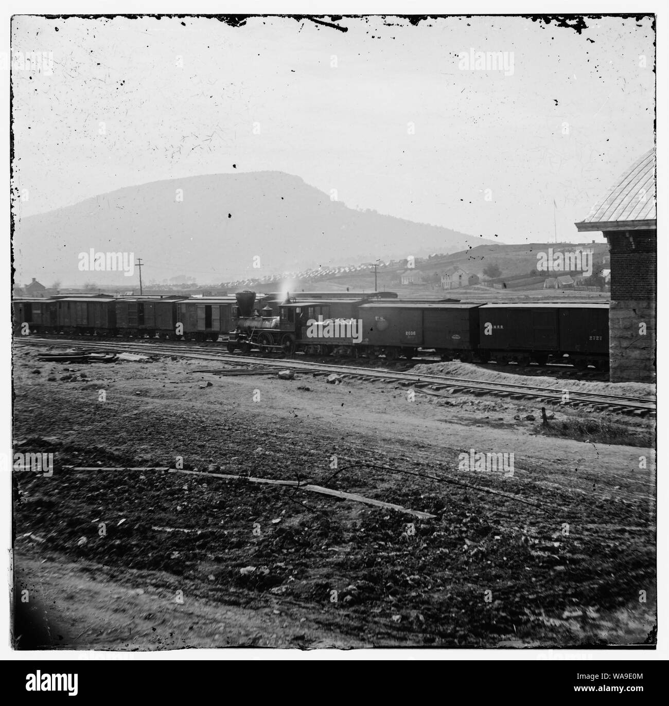 Chattanooga, Tenn. U.S. military train at depot; Lookout Mountain in ...