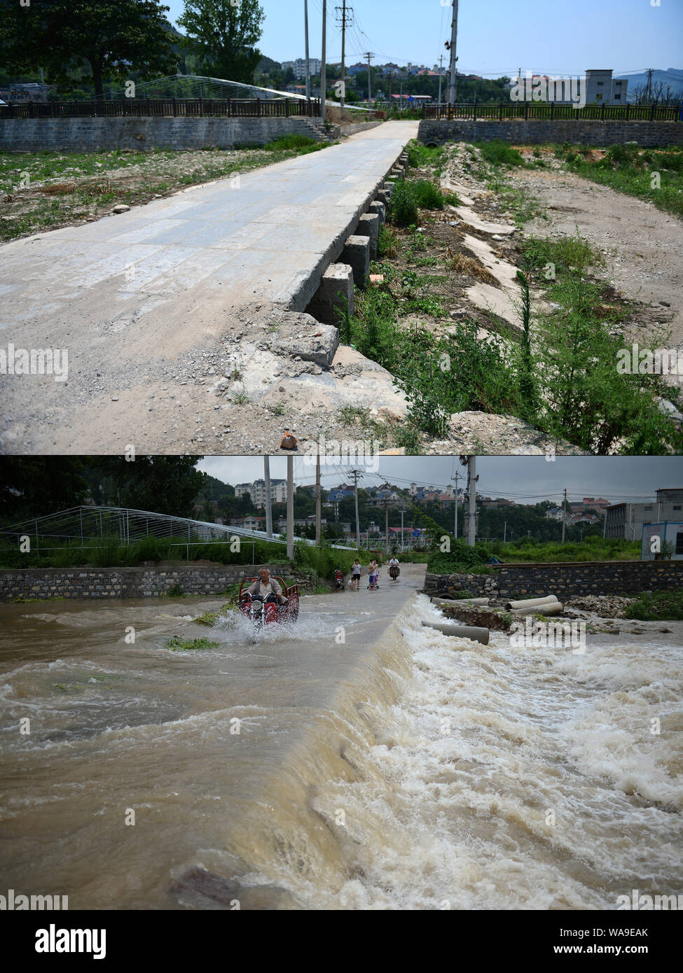 This composite photo shows the cracked bed of a nearly dried-up river ...