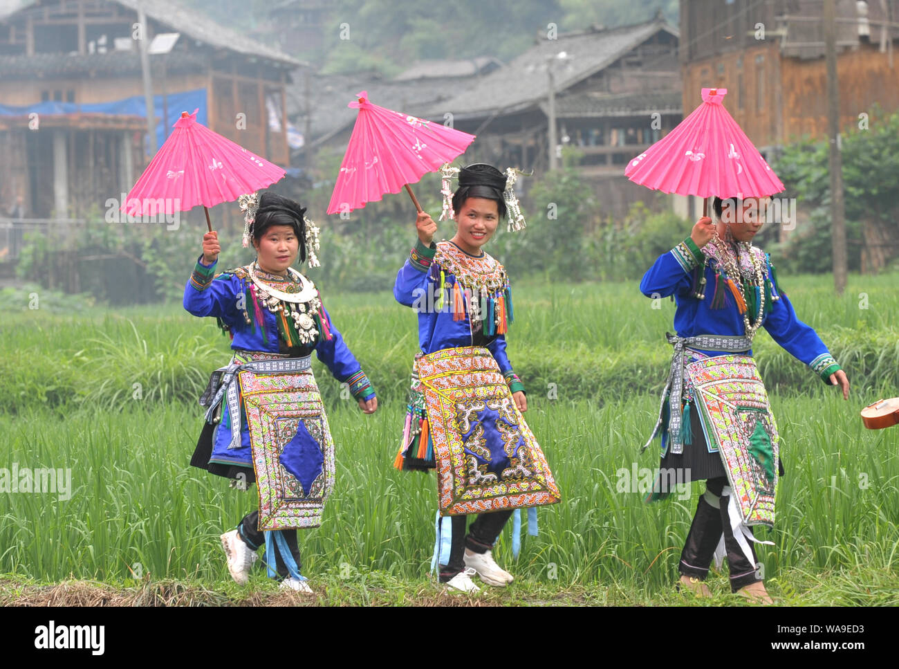 Chinese people of Dong ethnic group wearing traditional costumes and ...