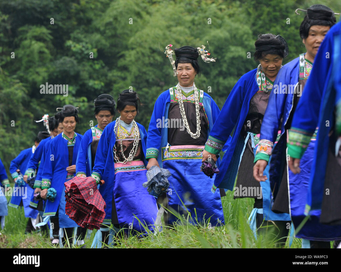Chinese people of Dong ethnic group wearing traditional costumes and ...