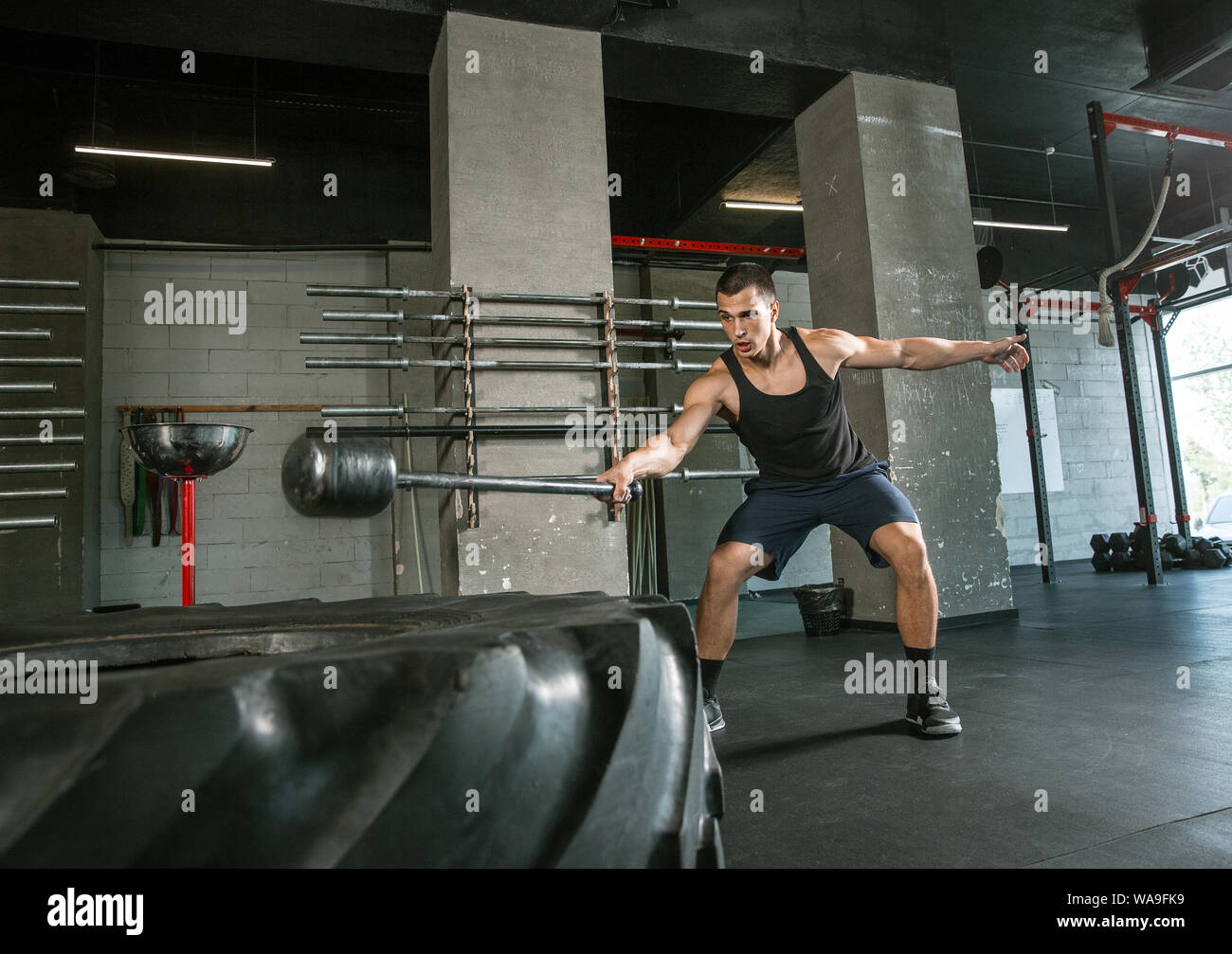 A muscular male athlete doing workout at the gym. Gymnastics, training ...