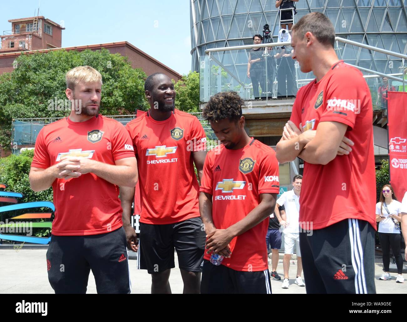 (From left) Luke Shaw, Belgian football player Romelu Lukaku, Angel ...