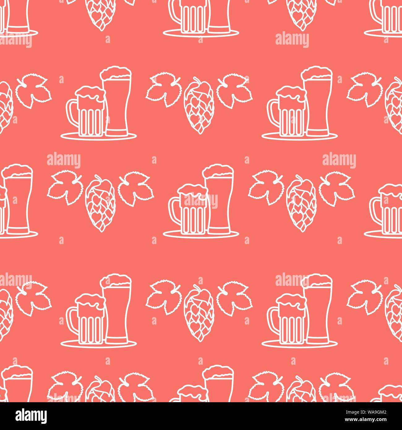 Festive seamless pattern with beer, mug, glass, hop cone, leaves. Beer ...