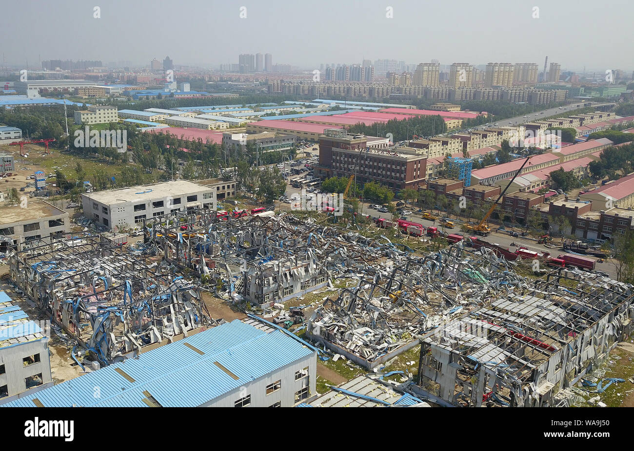 Aerial view the debris of factory buildings devastated by strong wind ...
