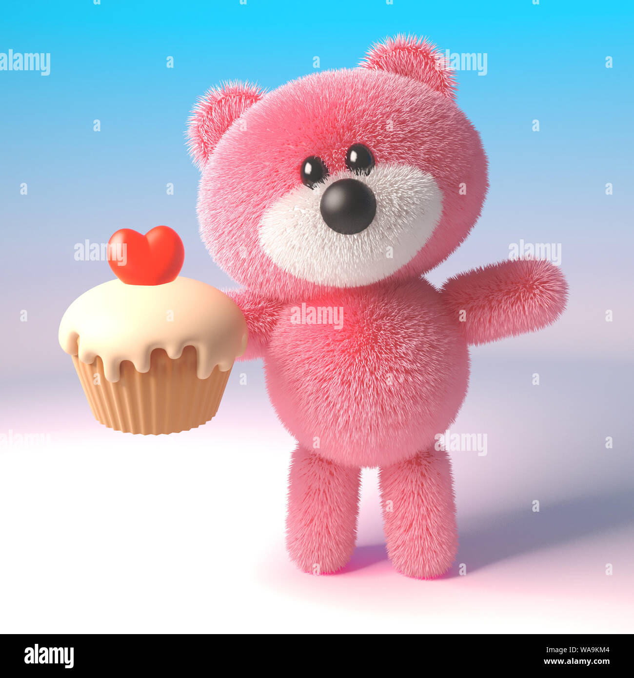 3d teddy bear with pink fur eating a delicious cup cake with a heart ...