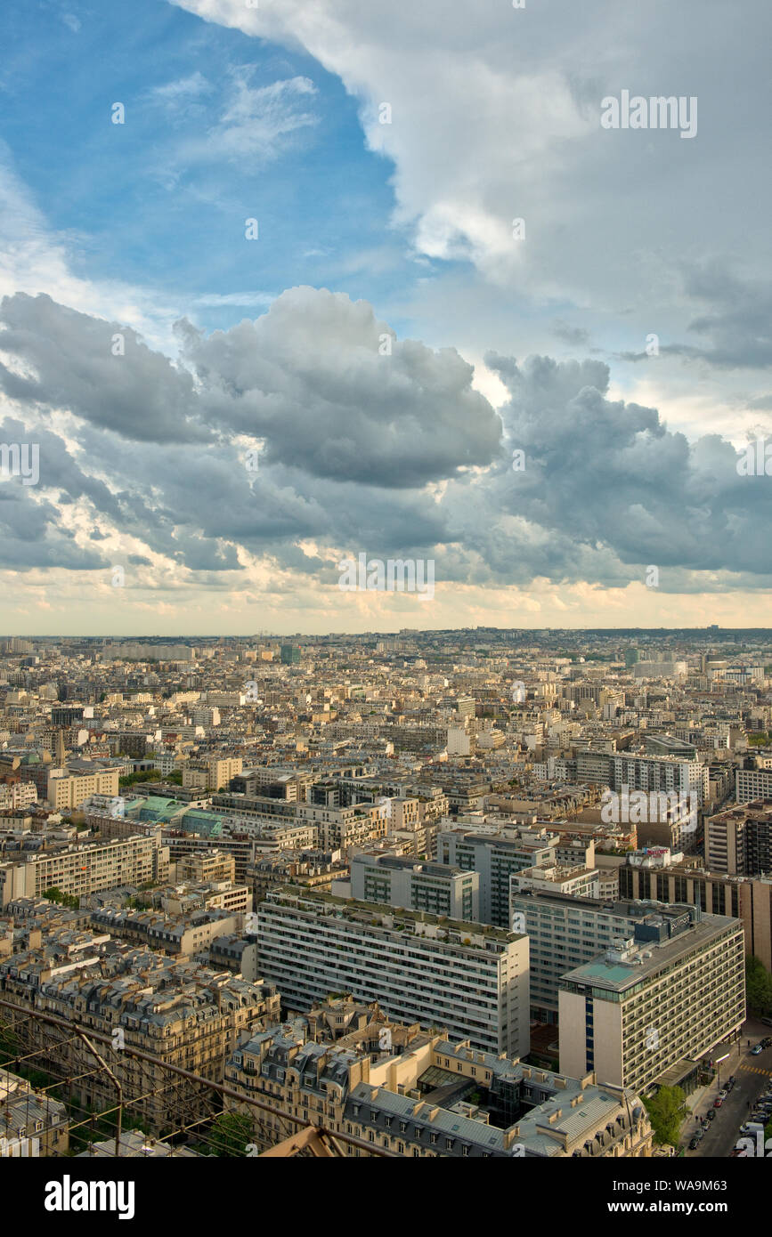 Spring rain clouds over Paris city, View south from Eiffel Tower, Paris ...