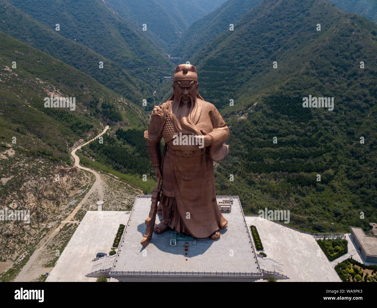 Aerial view of a giant bronze statue of Chinese General Guan Yu in ...