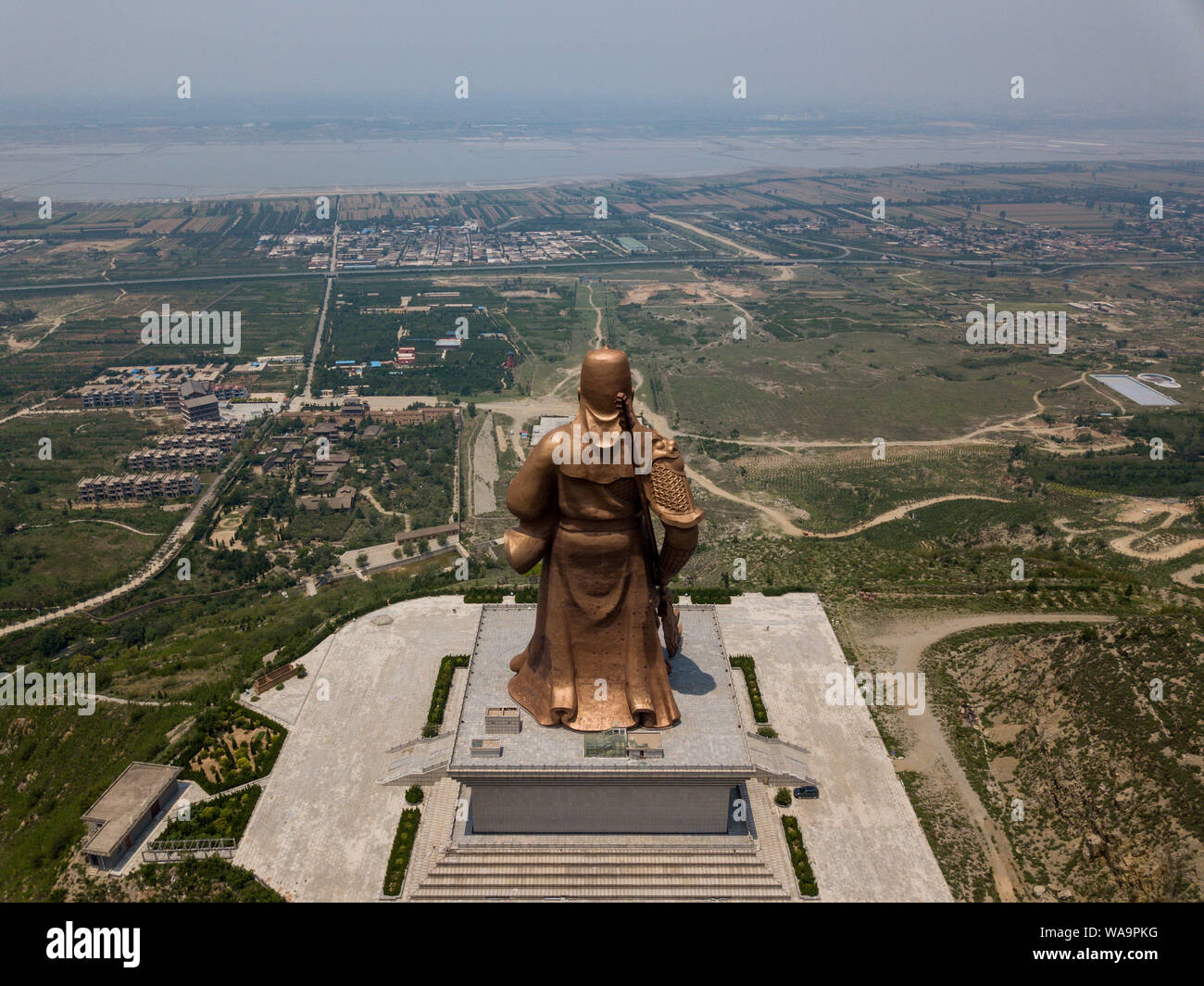 Aerial view of a giant bronze statue of Chinese General Guan Yu in ...