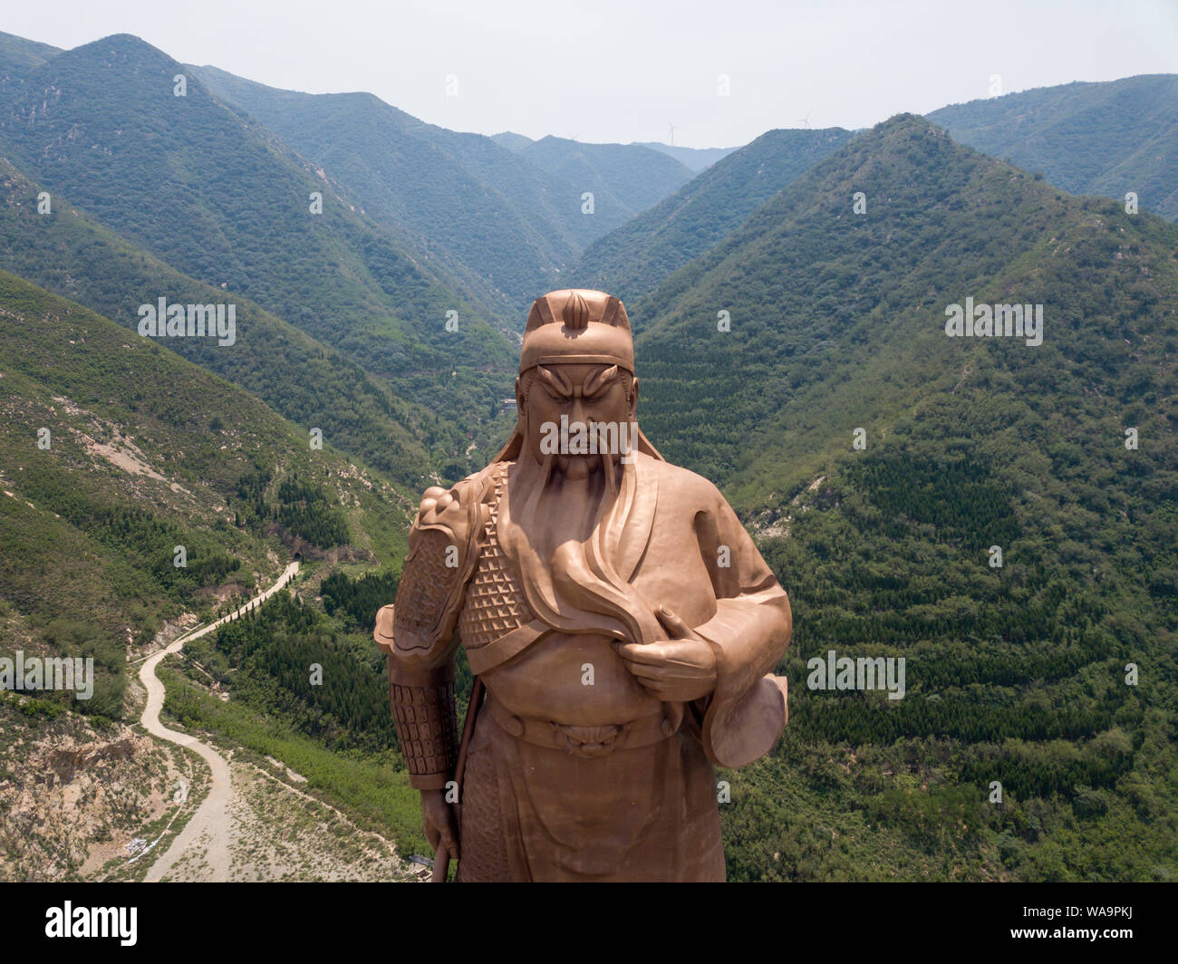 Aerial view of a giant bronze statue of Chinese General Guan Yu in ...