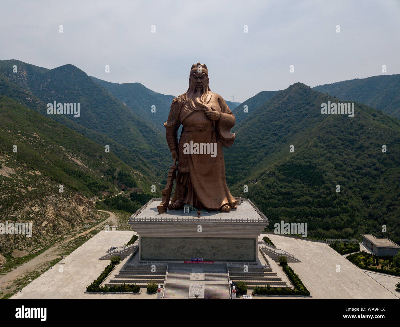 Aerial view of a giant bronze statue of Chinese General Guan Yu in ...