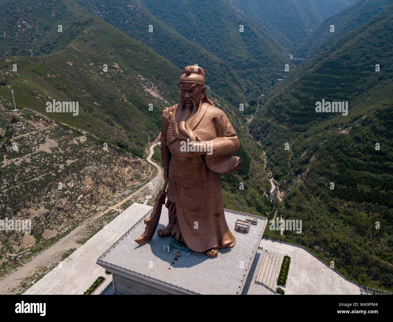 Aerial view of a giant bronze statue of Chinese General Guan Yu in ...