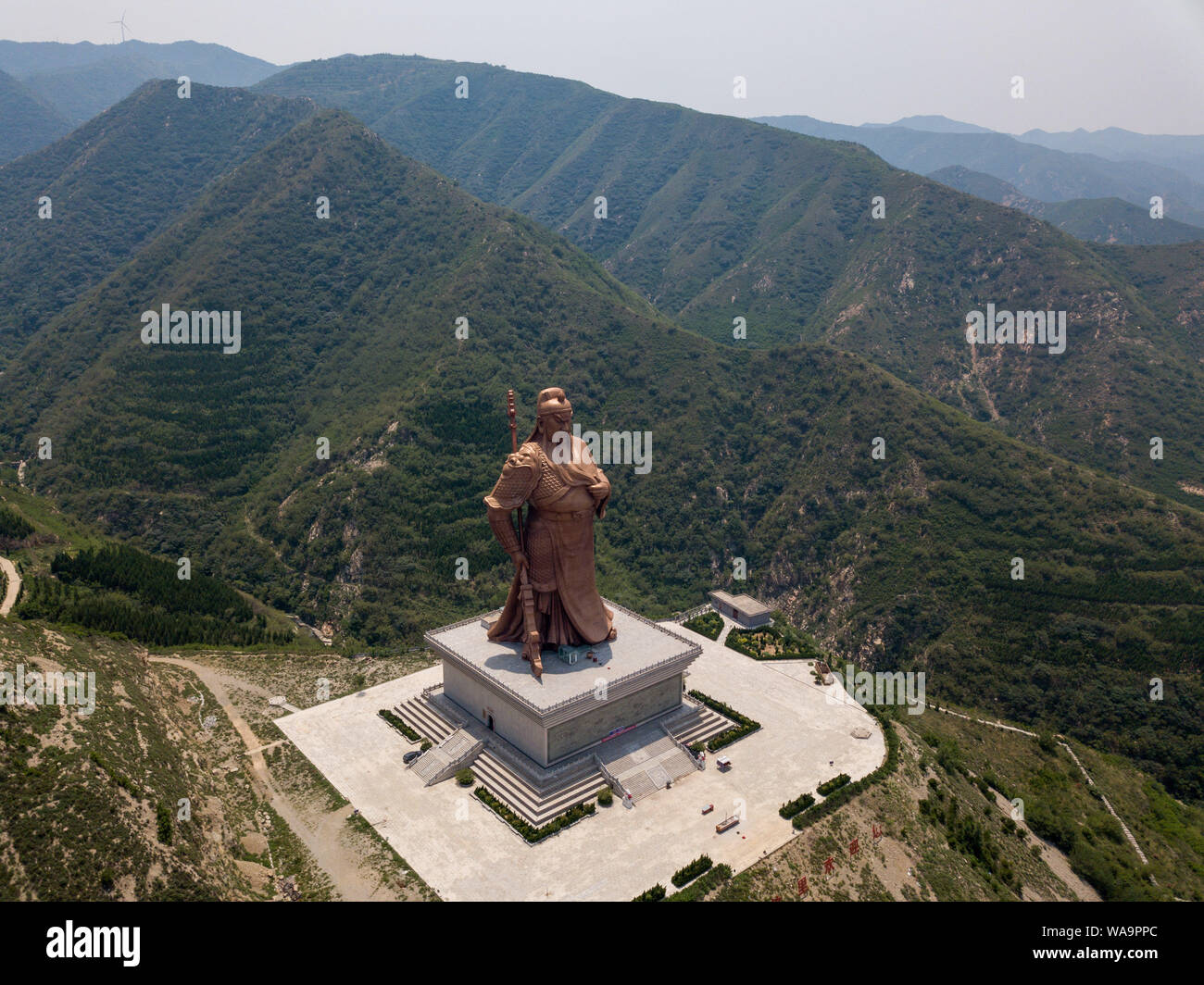 Aerial view of a giant bronze statue of Chinese General Guan Yu in ...