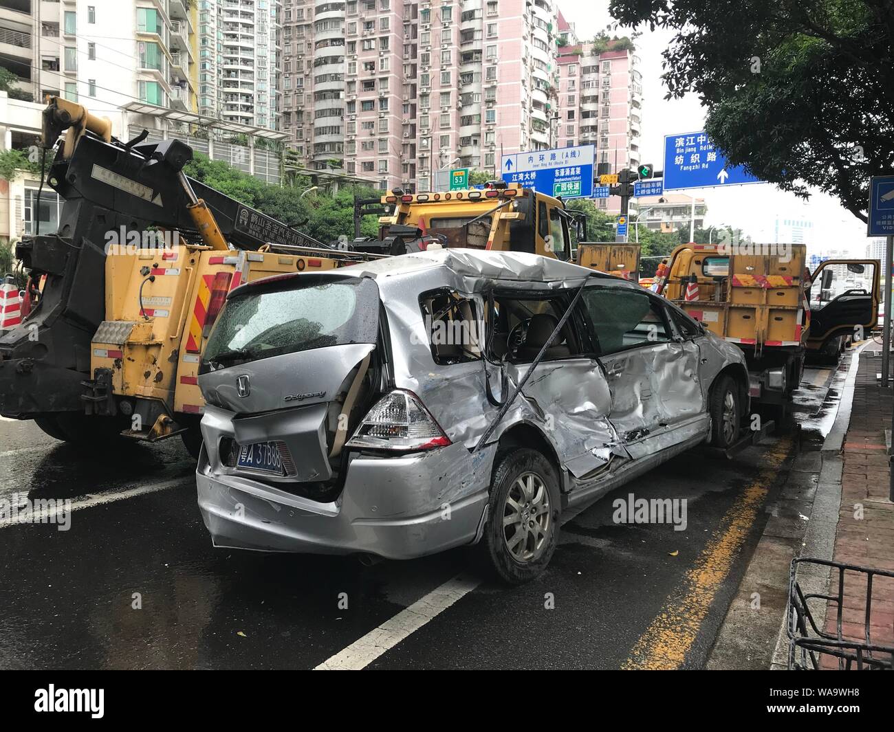 View of crashed car in a pileup in Guangzhou city, south China's ...